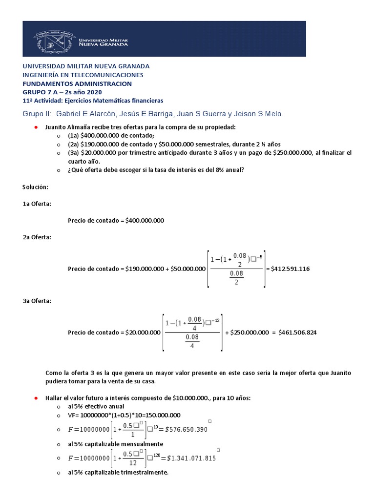 Grupo 2 11a Actividad Ejercicios Matematicas Financieras | PDF ...
