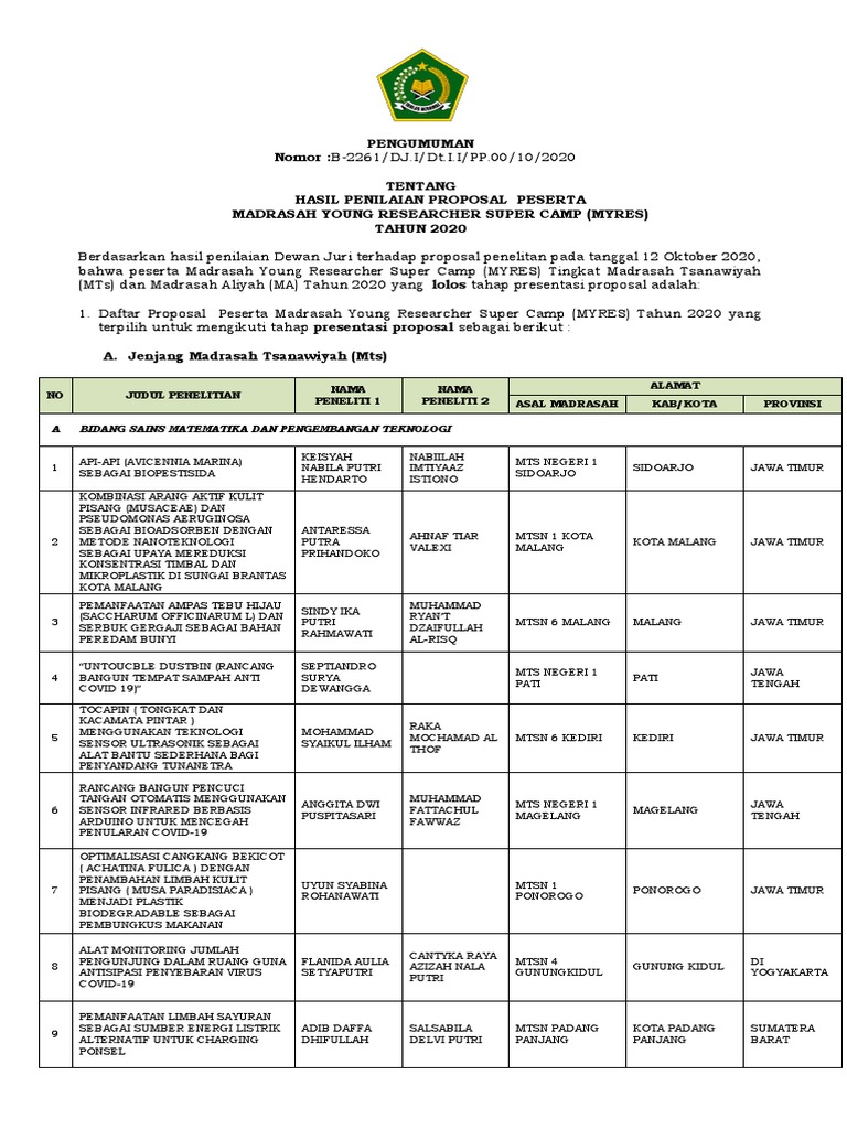 Pengumuman Tahap I Seleksi Proposal Myres 2020 | PDF