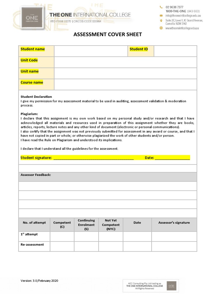 Assessment Cover Sheet: Student Name Student ID Unit Code Unit Name ...