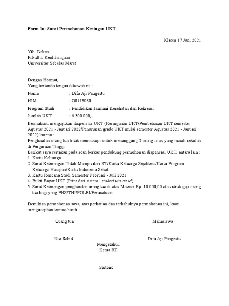 Surat Permohonan Keringanan UKT UNS | PDF