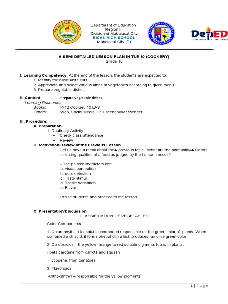 Sample Semi Detailed Lesson Plan | PDF | Vegetables | Carotenoid