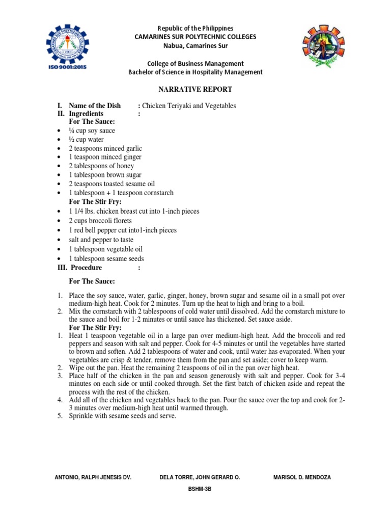Preparing Chicken Teriyaki and Vegetables: A Narrative Report on the ...