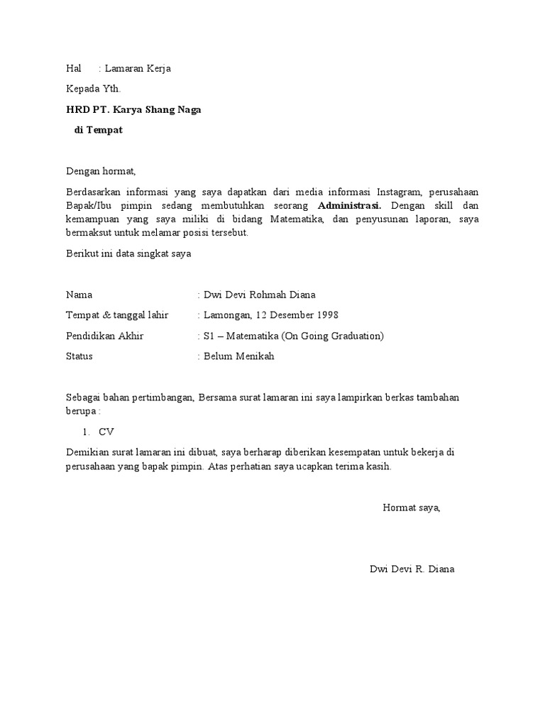 Surat Lamaran Kerja - Dwi Devi Rohmah Diana | PDF | Karier & Perkembangan | Bisnis