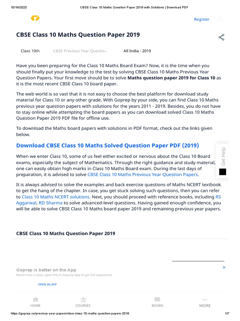 CBSE Class 10 Maths Question Paper 2019 With Solutions2 | PDF ...