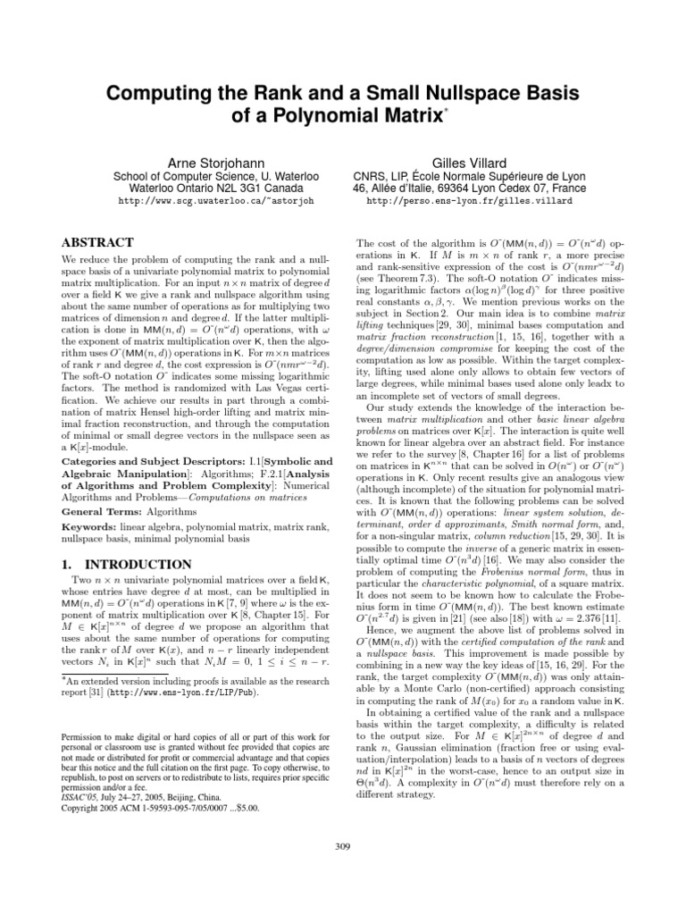 Computing The Rank and A Small Nullspace Basis of A Polynomial Matrix | PDF | Matrix ...
