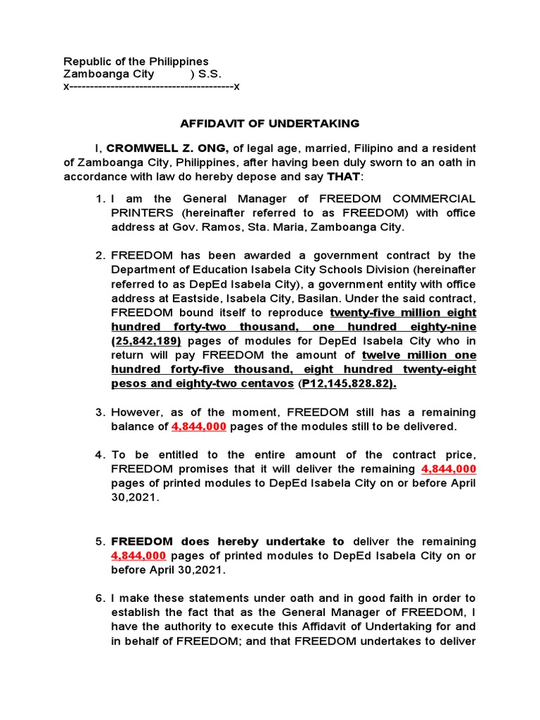 Affidavit of Undertaking | PDF | Affidavit | Legal Procedure