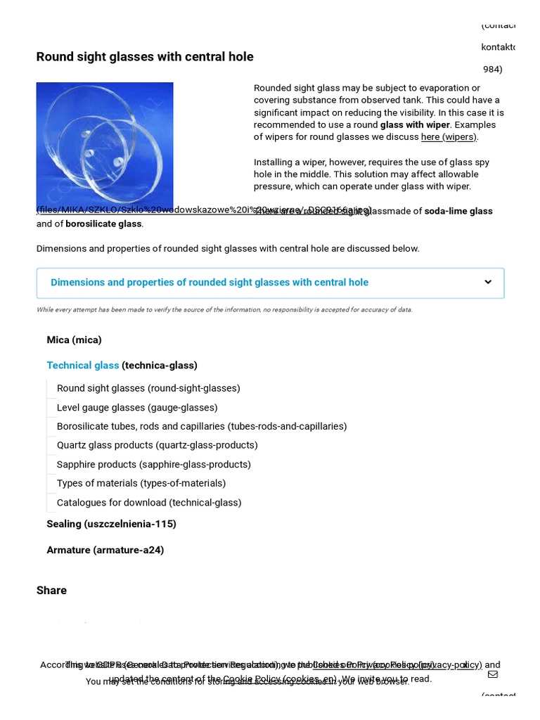 Dimensions and Properties of Rounded Sight Glasses With Central Hole ...
