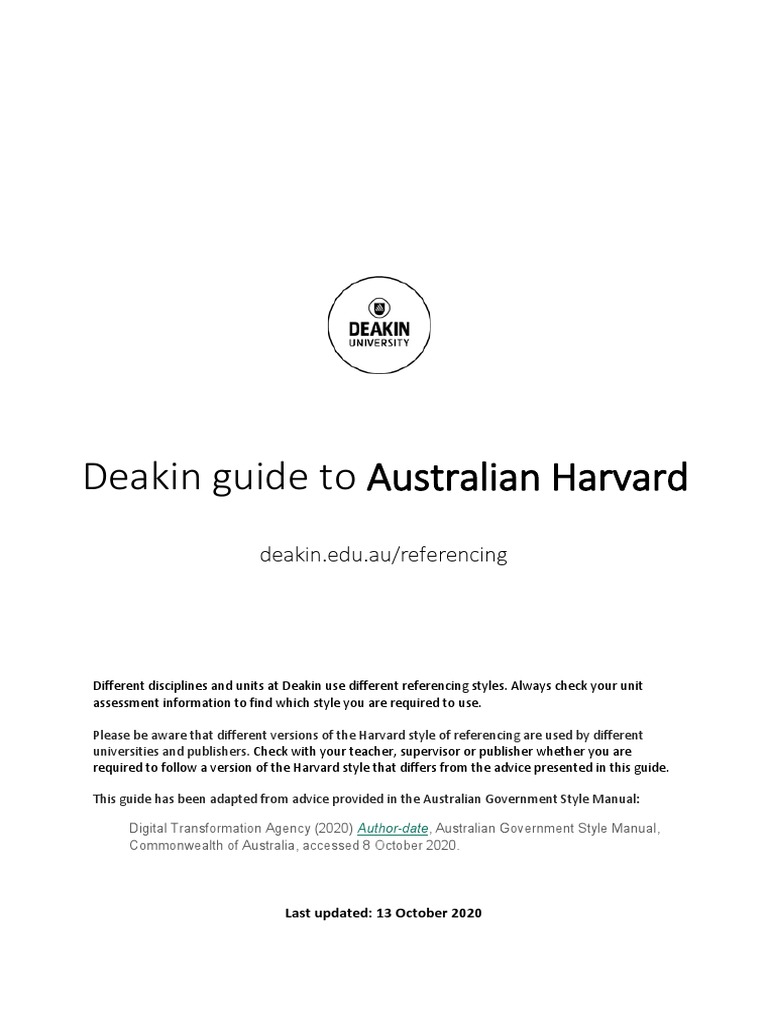 Deakin Guide To Australian Harvard: Deakin - Edu.au/referencing | PDF ...