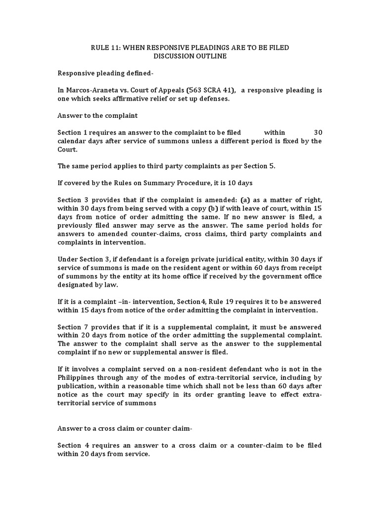 Rule 11-When Responsive Pleadings Are Filed Discussion Outline | PDF ...
