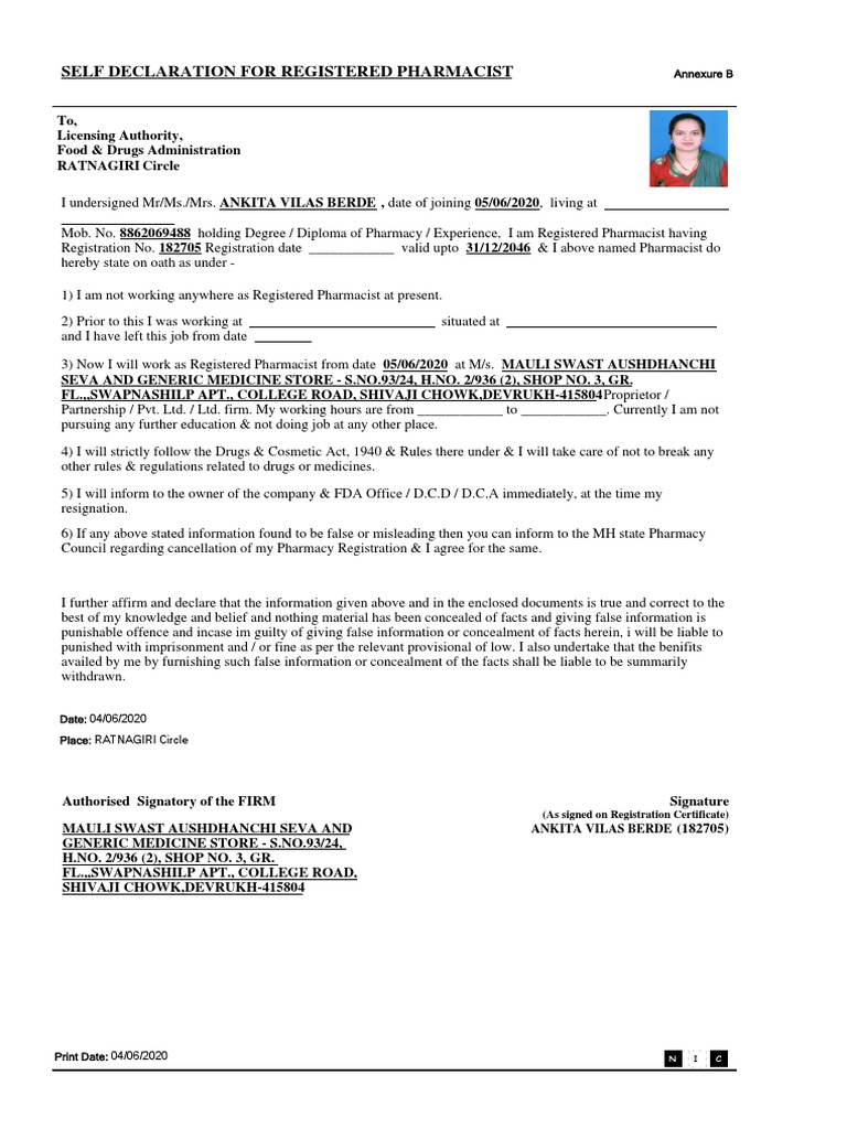 Self Declaration For Registered Pharmacist: Annexure B | PDF | Pharmacy ...