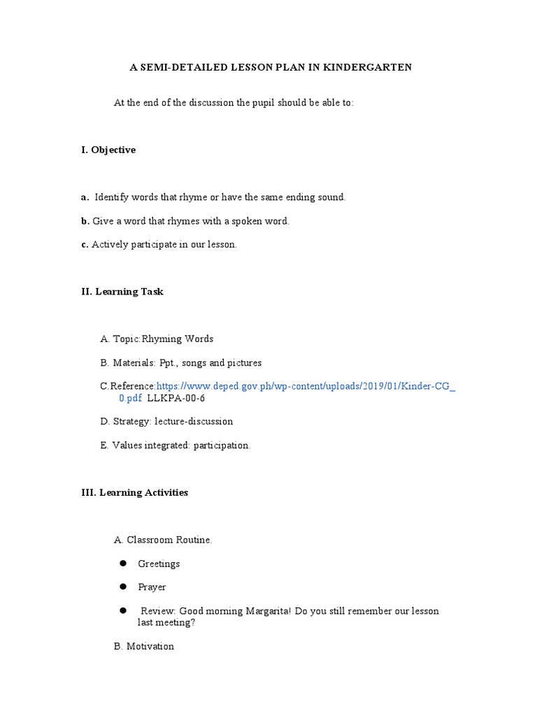 Kindergarten Rhyming Words Lesson Plan | PDF | Lesson Plan | Behavior ...