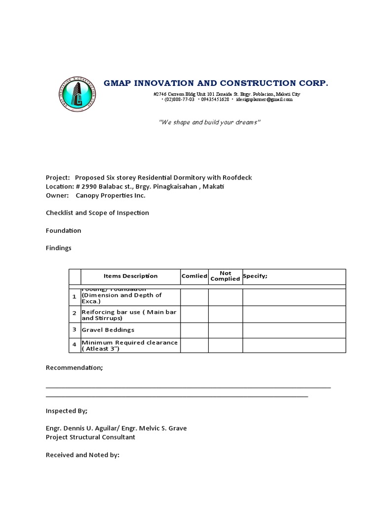 Format Inspection Report & Pouring Prmit | PDF | Architectural Design ...