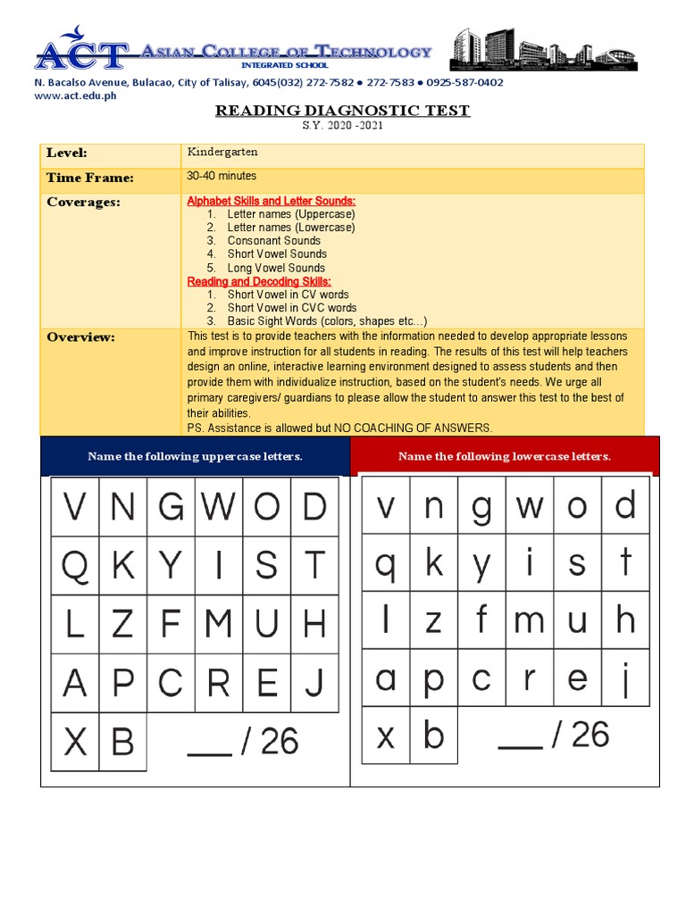 Kindergarten Reading Diagnostic Test | PDF | Consonant | Human ...