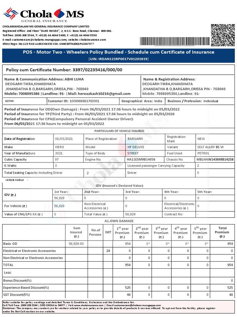 Chola Motor Two-Wheeler Insurance Policy Details | PDF | Liability ...