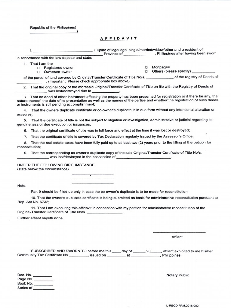 Administrative Reconstitution Affidavit | PDF