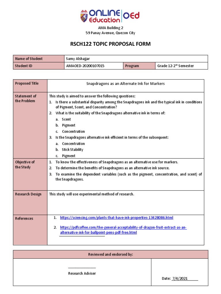 Rsch122 Topic Proposal Form: Snapdragons As An Alternate Ink For ...