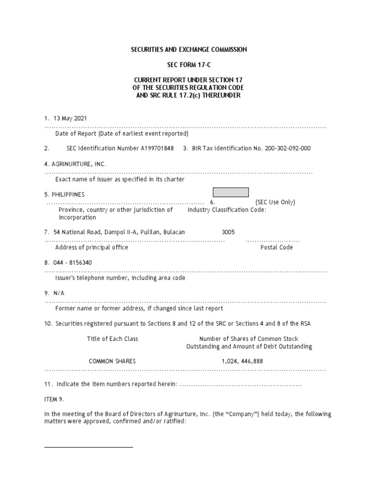Securities and Exchange Commission Sec Form 17-C Current Report Under ...