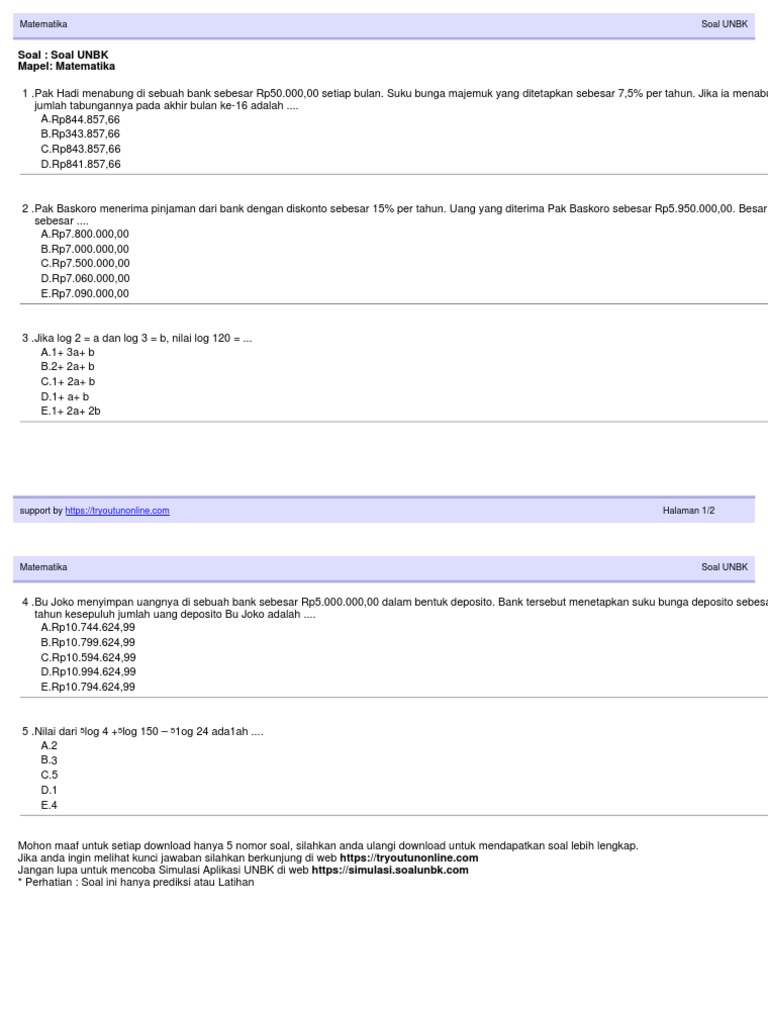 Soal Latihan UNBK Matematika | PDF