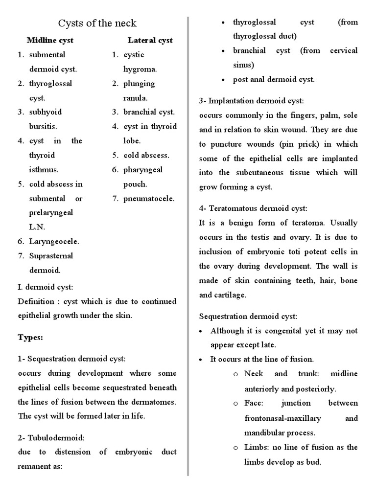 Cysts of The Neck: Midline Cyst Lateral Cyst | PDF | Anatomy | Human ...