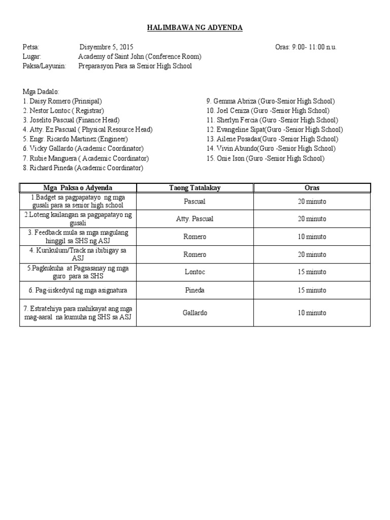Halimbawa NG Adyenda at Katitikan NG Pulong | PDF