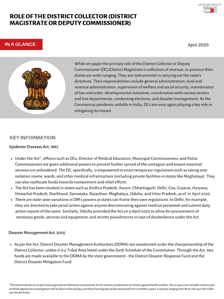 Role of The District Collector (District Magistrate or Deputy ...