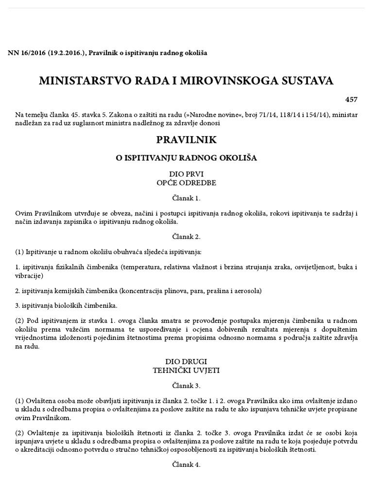 Pravilnik o Ispitivanju Radnog Okoliša | PDF