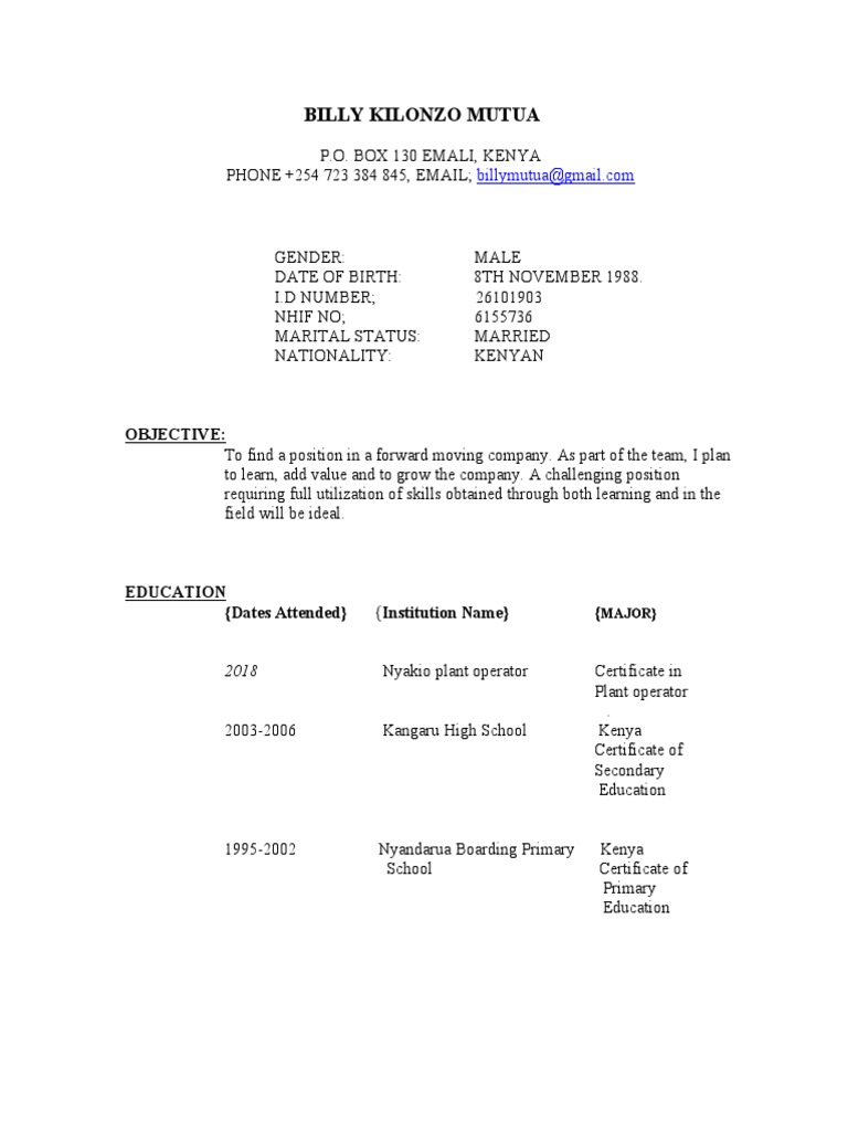 Billy Kilonzo Mutua: Objective | PDF | Kenya | Sales