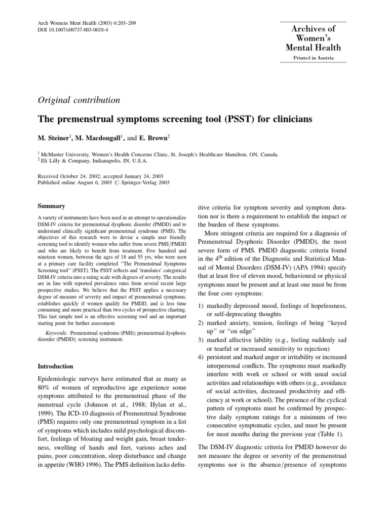 The Premenstrual Symptoms Screening Tool (PSST) For Clinicians ...