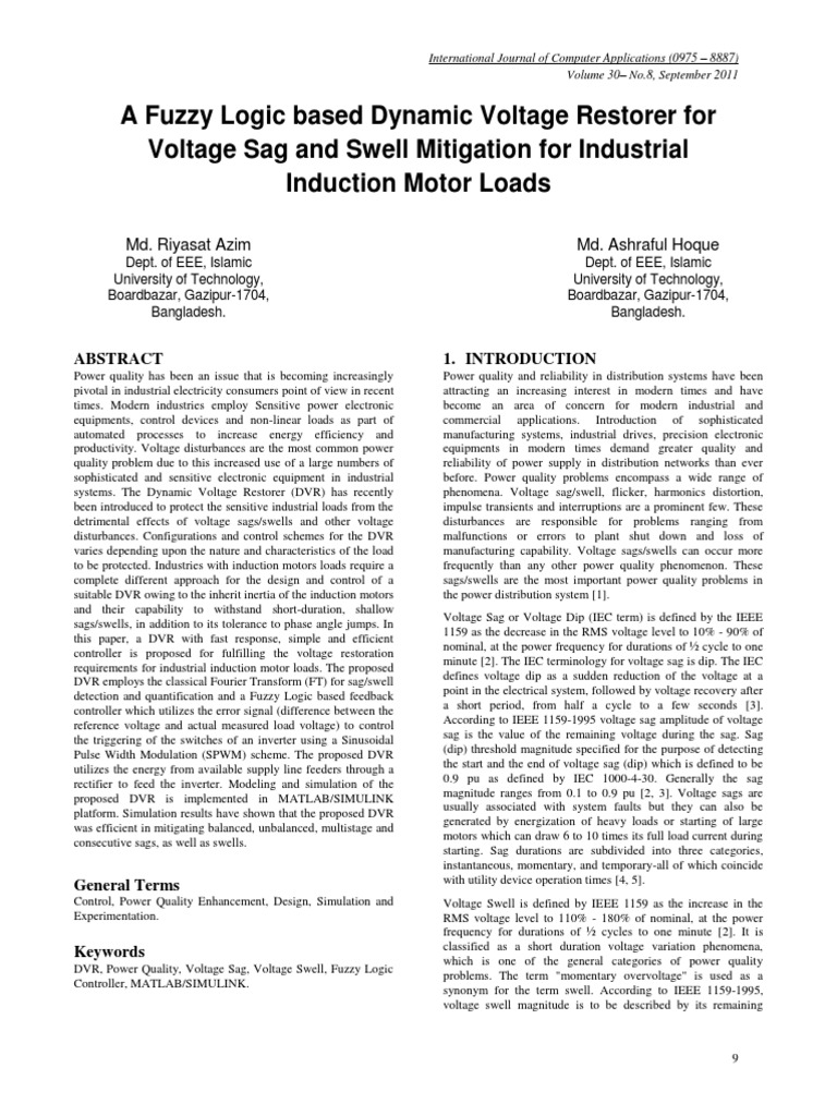 A Fuzzy Logic Based Dynamic Voltage Restorer For Voltage Sag and Swell Mitigation For Industrial ...