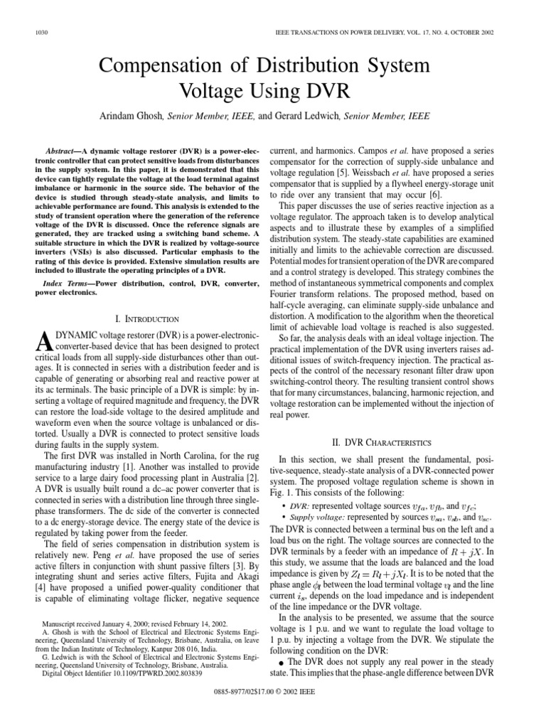 Compensation of Distribution System Voltage Using DVR - Power Delivery ...