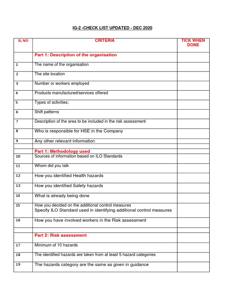 NEBOSH IG2 Risk Assessment Checklist | PDF | Risk Assessment | Risk