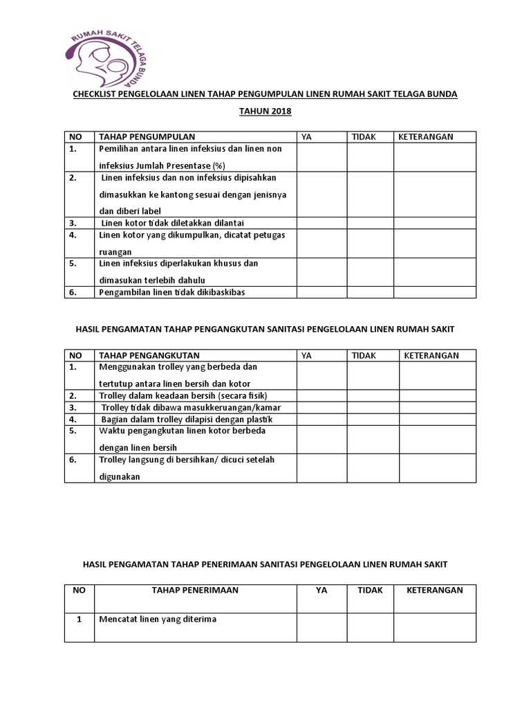 Checklist Pengelolaan Linen Tahap Pengumpulan Linen Rumah Sakit Telaga ...