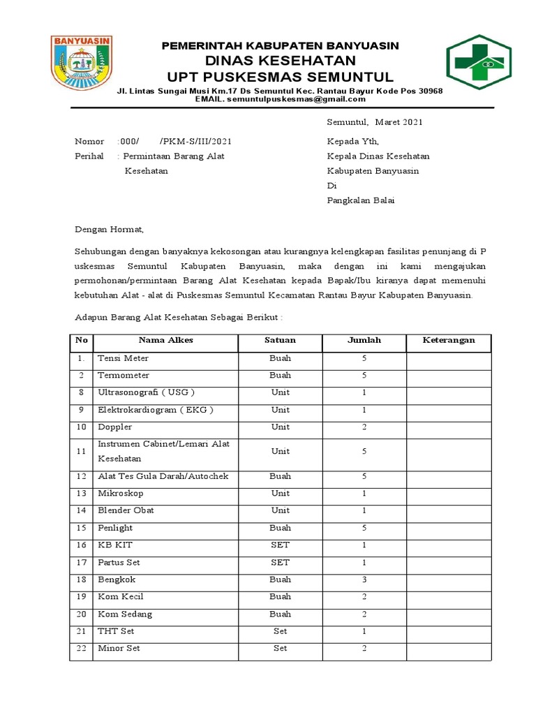Permintaan Alkes PKM Semuntul 2021 | PDF