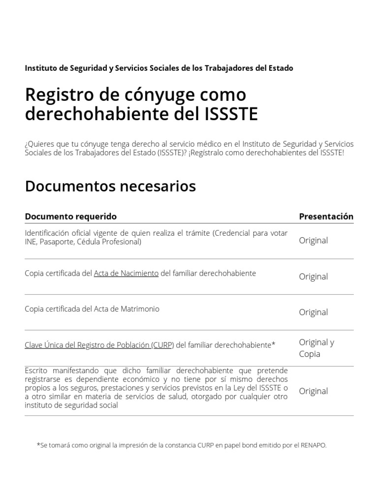 Registro de Cónyuge Como Derechohabiente Del ISSSTE - Gob - MX | PDF | Finanzas y dinero ...