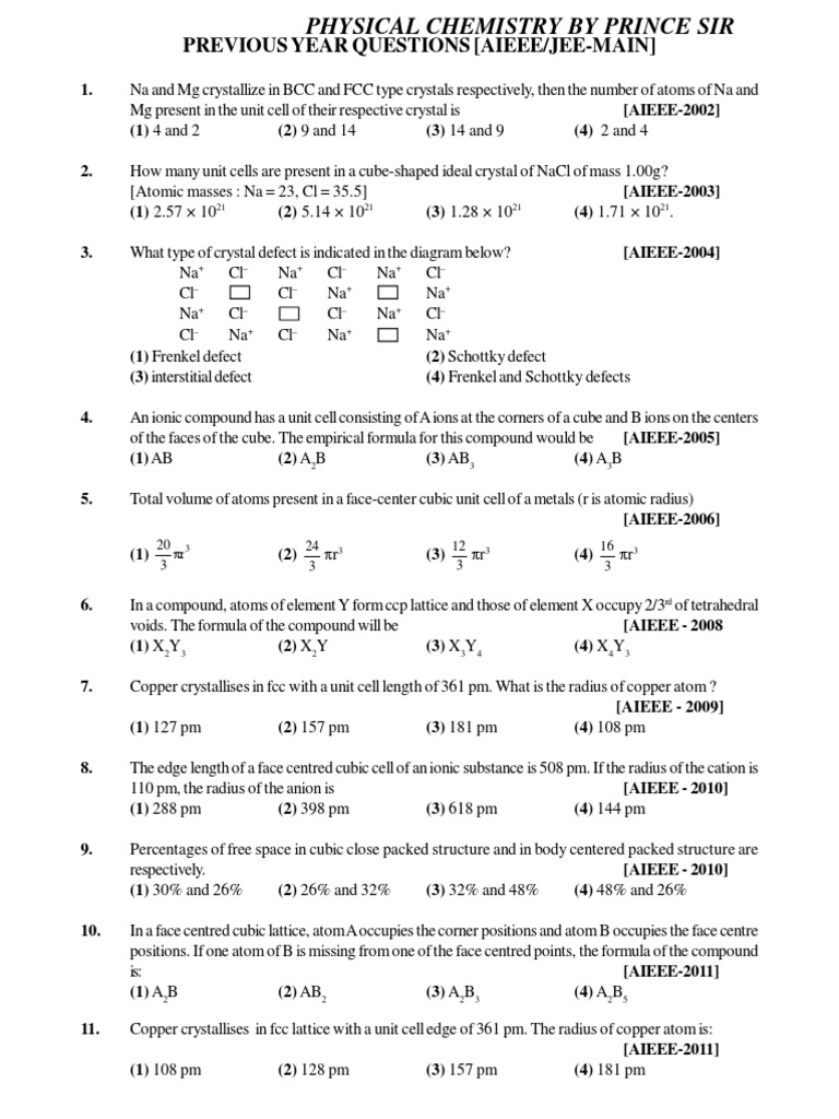 Previous Year Questions (Aieee/Jee-Main) | PDF | Crystal Structure | Crystallography