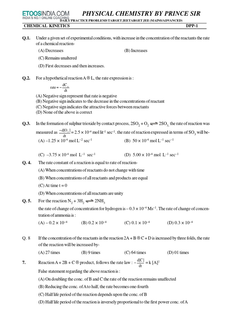 Physical Chemistry by Prince Sir: Chemical Kinetics DPP-1 | PDF | Teaching Methods & Materials ...