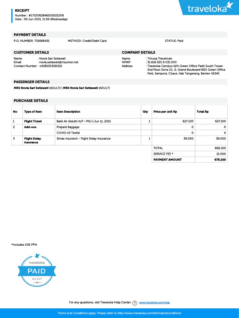 Receipt for Flight Ticket Purchase from Batik Air on June 11, 2021 for ...