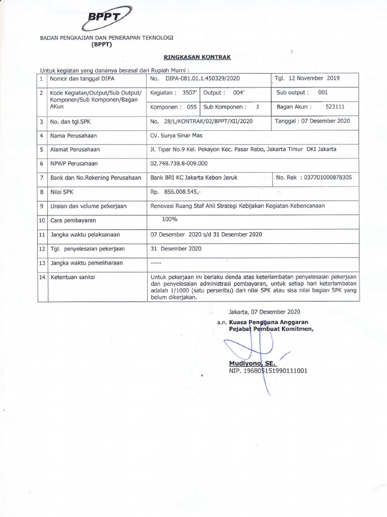 Ringkasan Kontrak Renovasi BPPT | PDF