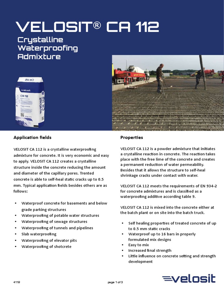 Velosit CA 112: Crystalline Waterproofing Admixture | PDF ...