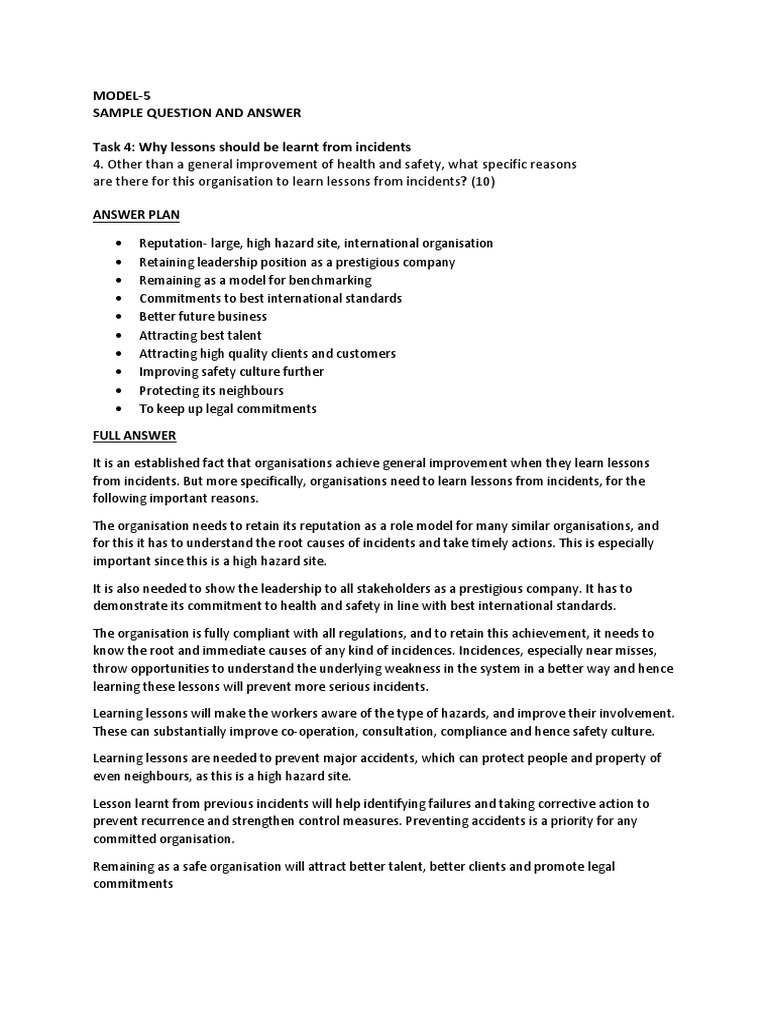 Nebosh Model 5 Q4 Sample Answer | PDF | Career & Growth | Finance ...