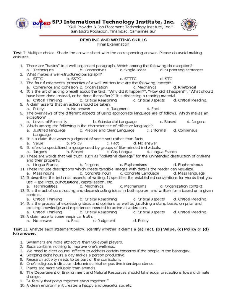 Reading & Writing Skills Exam | PDF | Idea | Critical Thinking