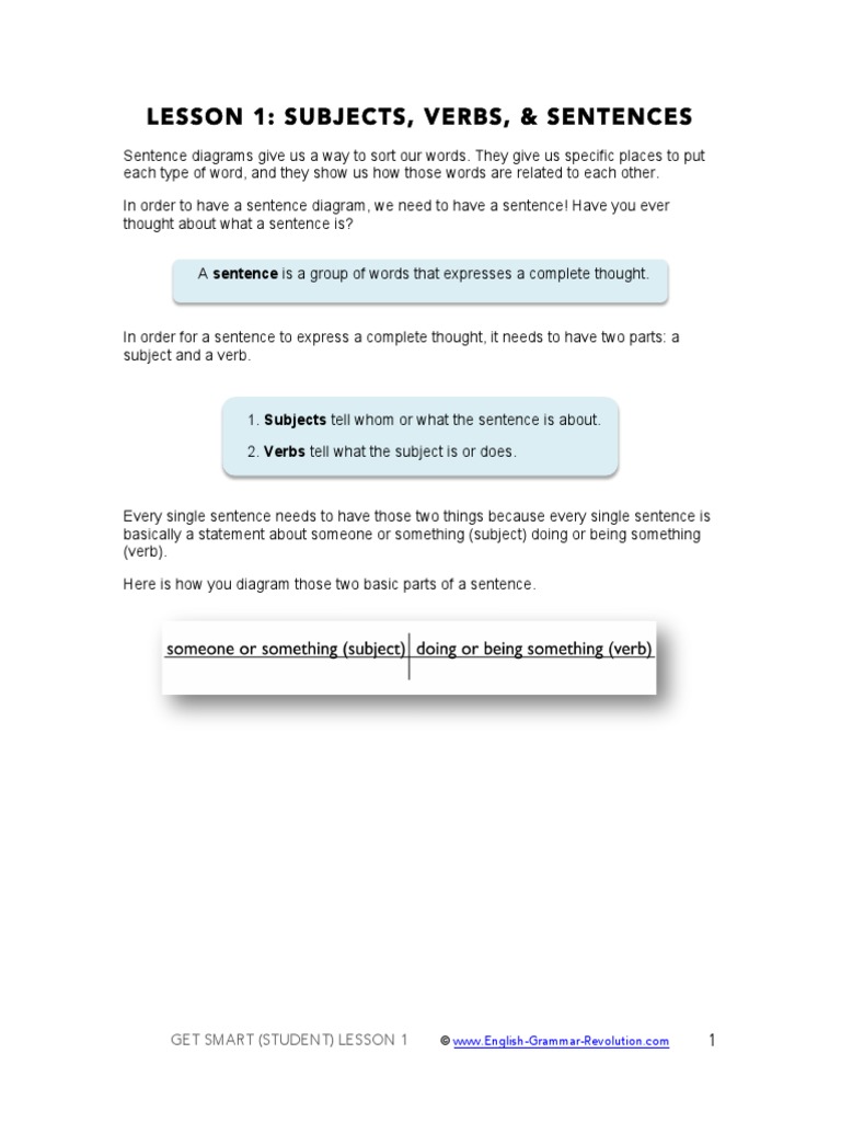 GR Lesson 1 Subjects, Verbs, and Sentences | PDF