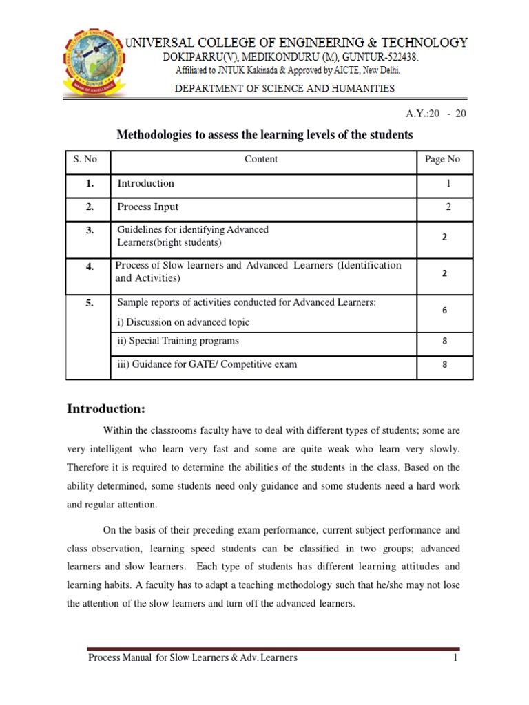 Methodologies To Assess The Learning Levels of The Students: Process ...