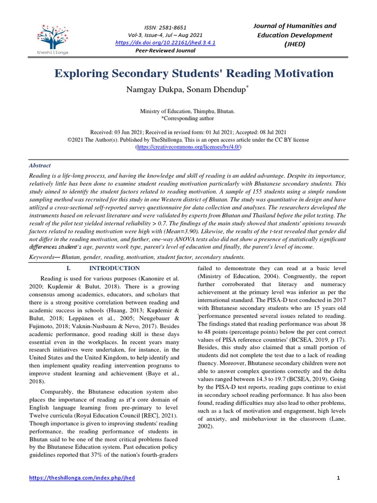 Exploring Secondary Students' Reading Motivation | PDF | Student's T ...