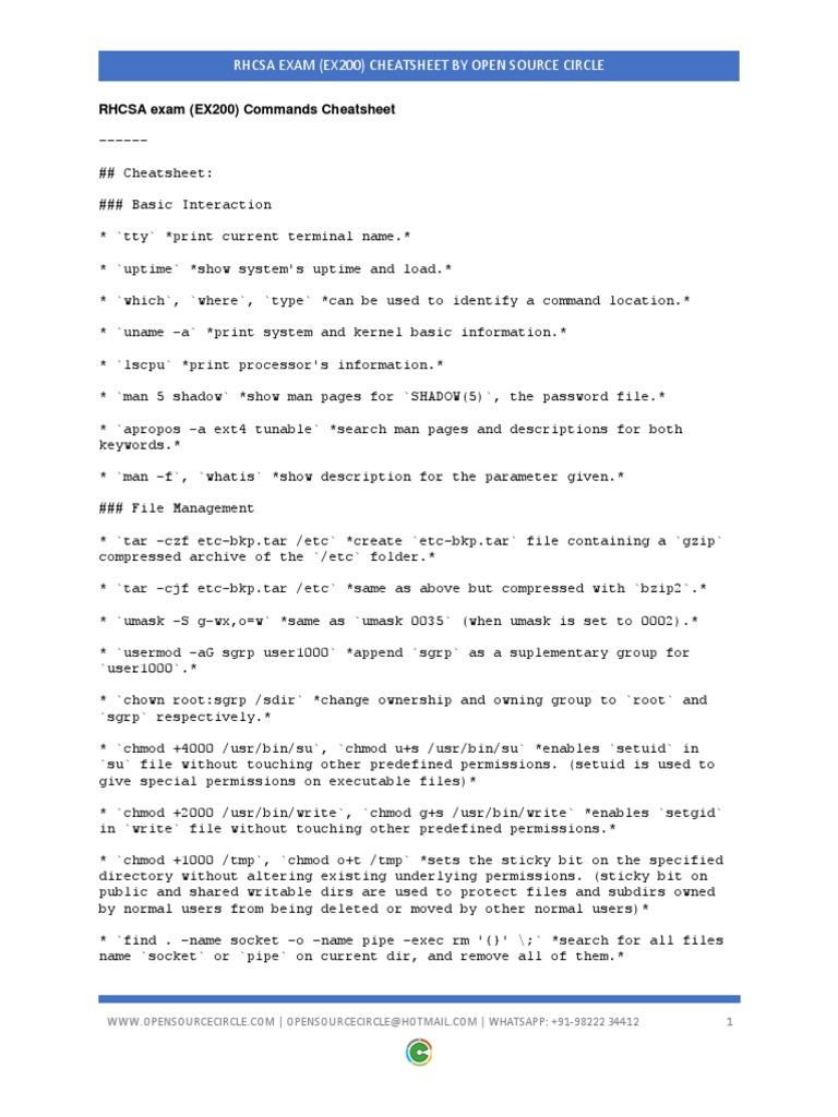 RHCSA Exam (EX200) Commands Cheatsheet | PDF | Computer Network | Port (Computer Networking)