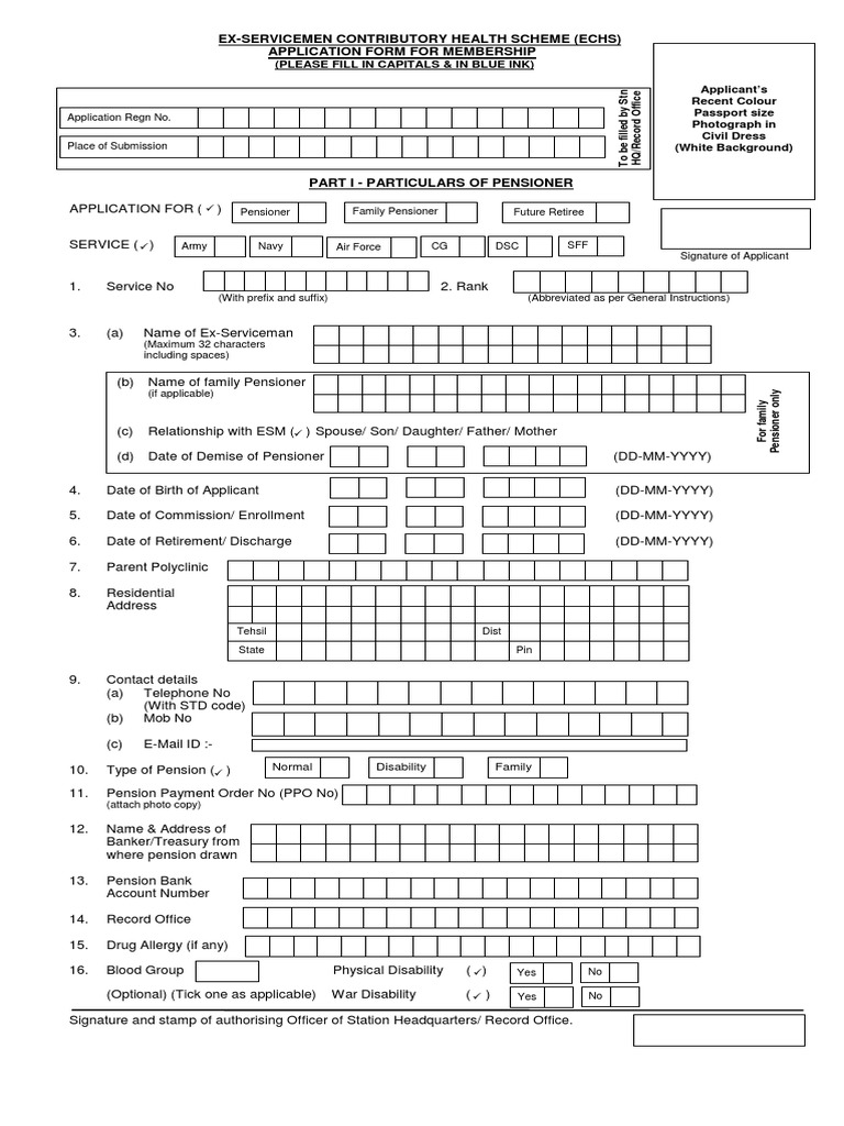 Ex-Servicemen Contributory Health Scheme (Echs) Application Form For ...