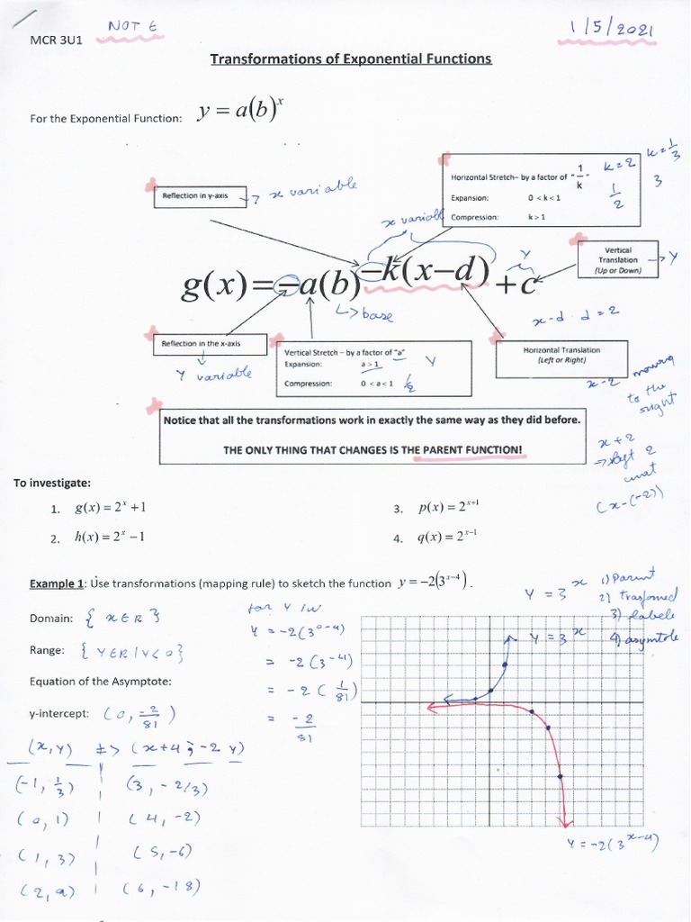 Transformation of Exponential Function Note and Worksheet 5 | PDF