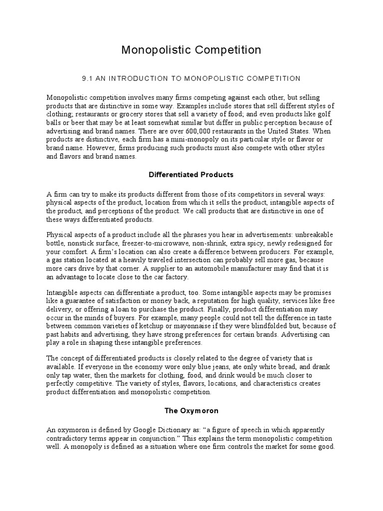 9.1 An Introduction To Monopolistic Competition | PDF | Monopoly ...