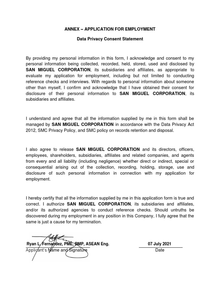 SMC Data Privacy Consent for Employment Applications | PDF
