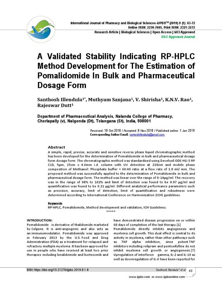 A Validated Stability Indicating RP-HPLC Method Development For The Estimation of Pomalidomide ...
